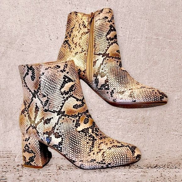 Shoes | Snake Print Block Heel Closed Toe Booties | Poshmark